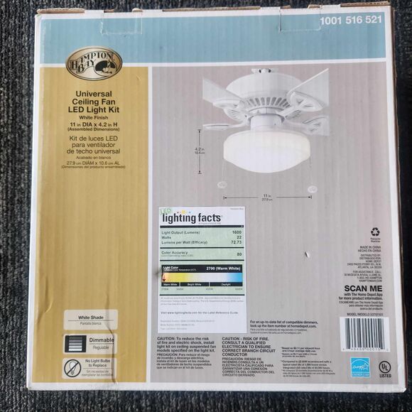 Hampton Bay | Design | Universal Ceiling Fan Led Light Kit Brand New In Box Sku 01 516 521 ...